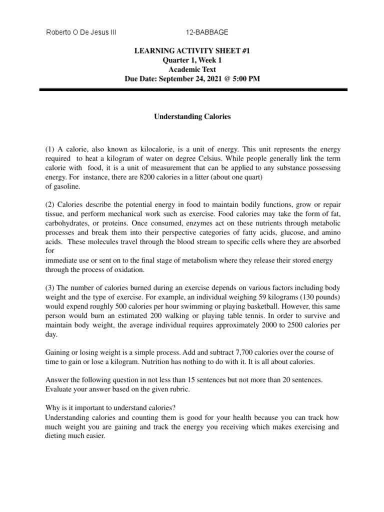 LAS #1 - EAPP Quarter 1 - Week 1 | PDF | Calorie | Metabolism