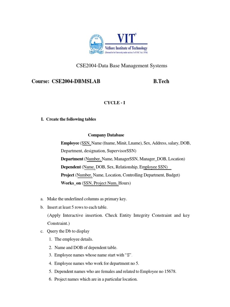 CSE2004-Data Base Management Systems: Course: CSE2004-DBMSLAB B.Tech | PDF | Information Science ...