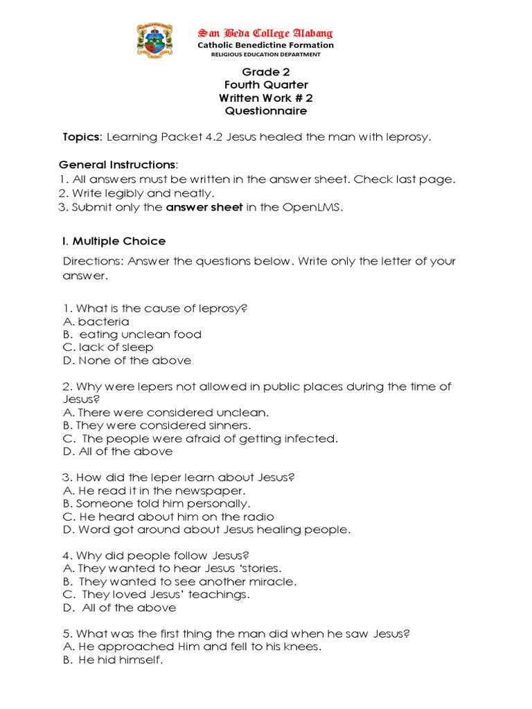 Grade 2 4th Quarter Written Work # 4.2 PDF | PDF | Jesus | Leprosy
