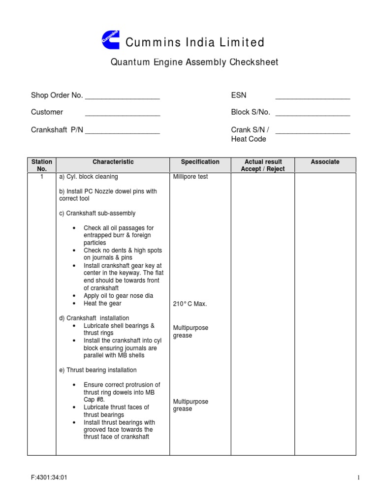 Qsk60assembly Checksheet March 2002 | PDF | Bearing (Mechanical ...