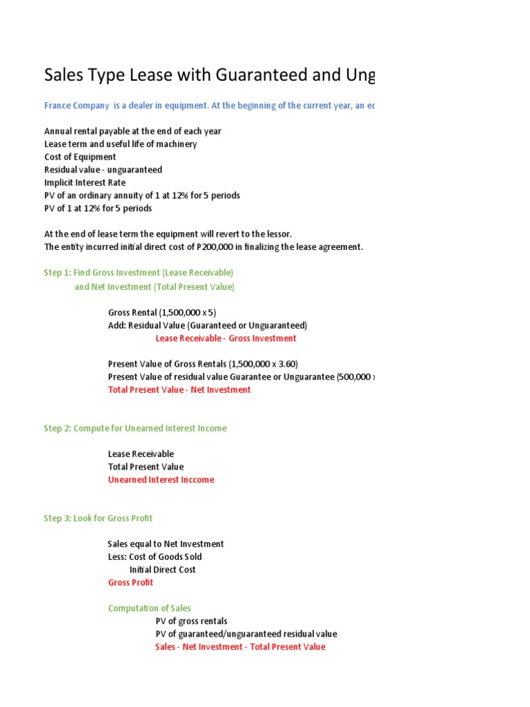 Sales Type Lease With Guaranteed and Unguaranteed Residual Value | PDF ...