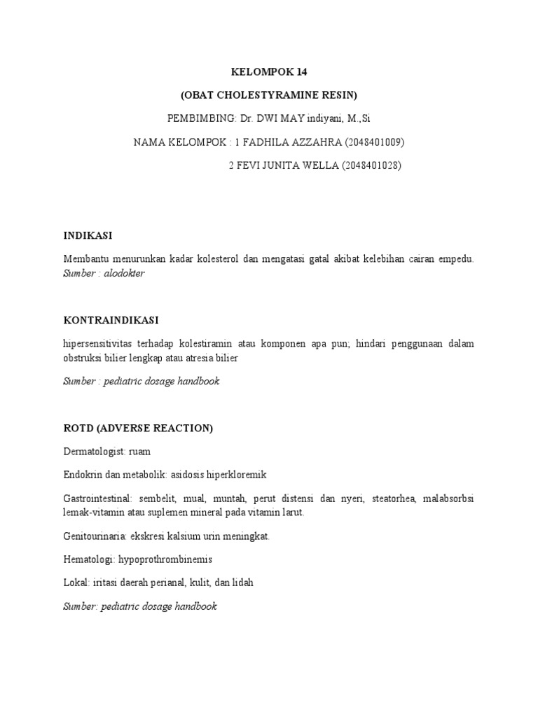 Kelompok 14 (Obat Cholestyramine Resin) : Sumber: Alodokter | PDF