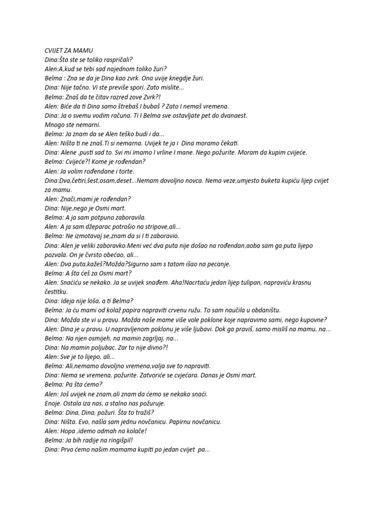 CVIJET ZA MAMU Dramski Tekst | PDF