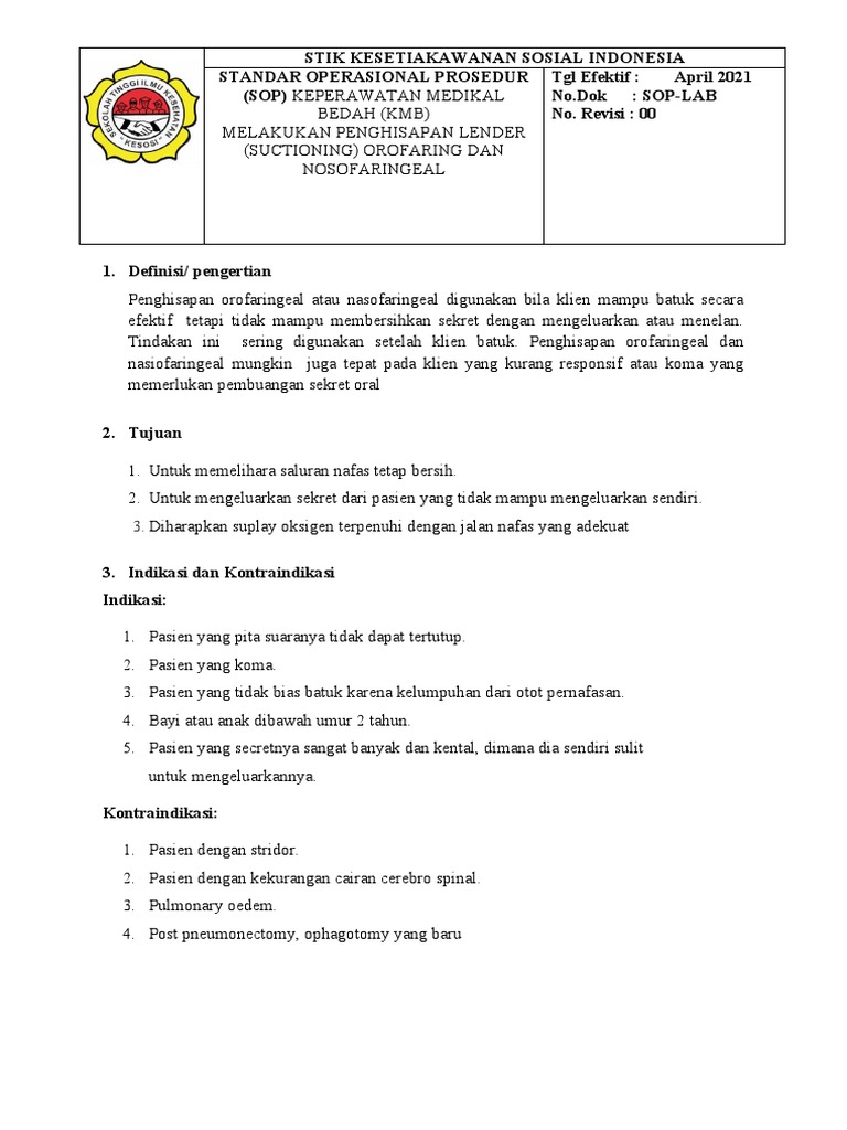 SOP KMB-melakukan Penghisapan Lender | PDF | Kesehatan Holistik | Teknologi & Rekayasa