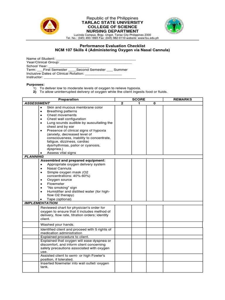 Oxygen Administration Checklist | PDF | Hypoxia (Medical) | Clinical ...