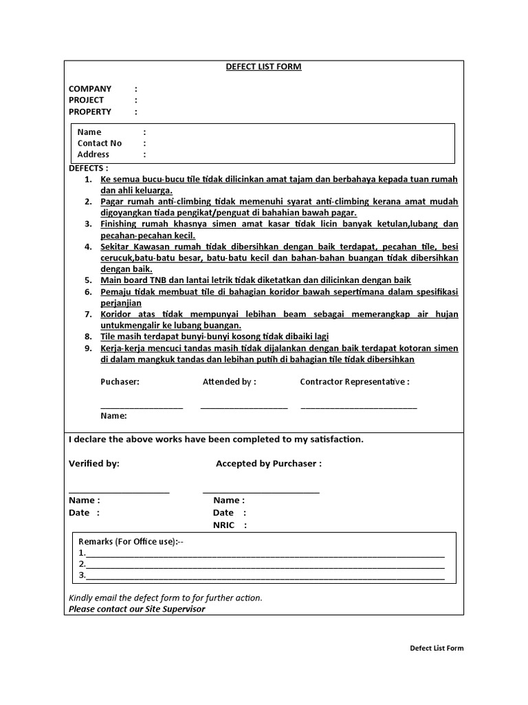 Defect List Form 2 | PDF