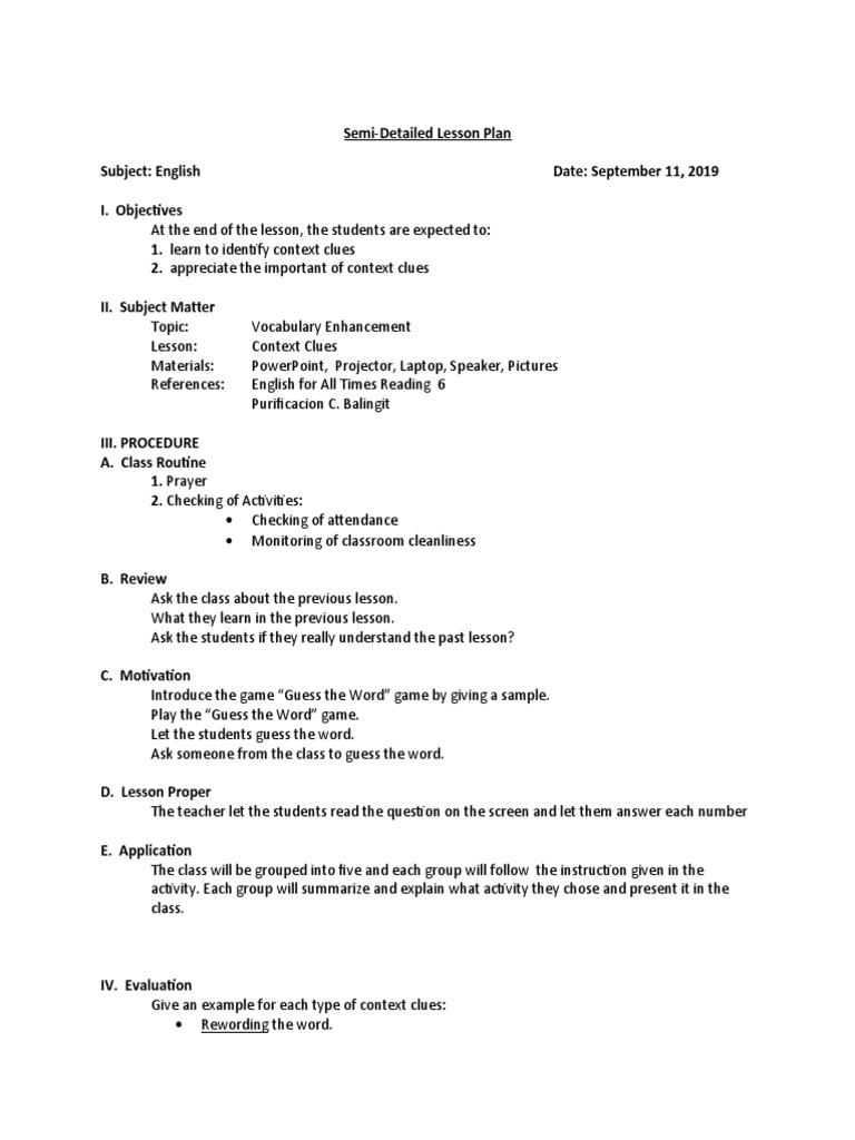 Vocabulary Enhancement Semi-Detailed Lesson Plan | PDF