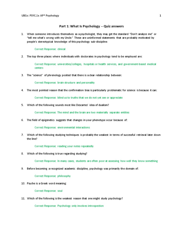 Part 1: What Is Psychology - Quiz Answers: Ubcx: Psyc.1X Ap® Psychology ...