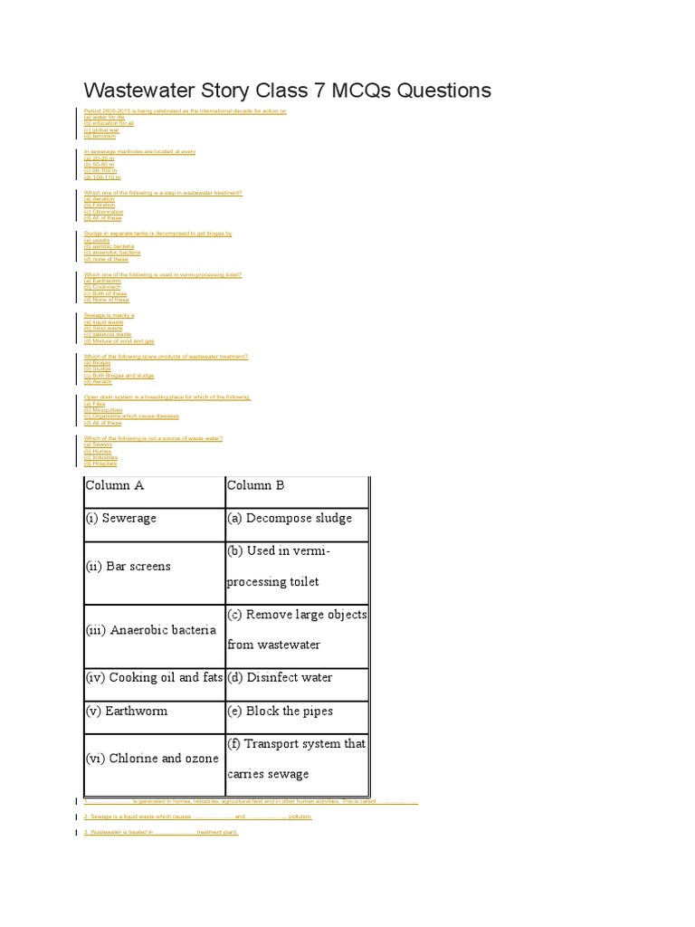 Wastewater Story Class 7 Mcqs Questions | PDF | Wastewater | Sewage ...
