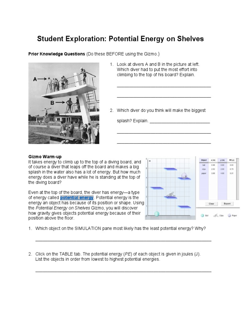 Student Exploration: Potential Energy On Shelves: Prior Knowledge ...