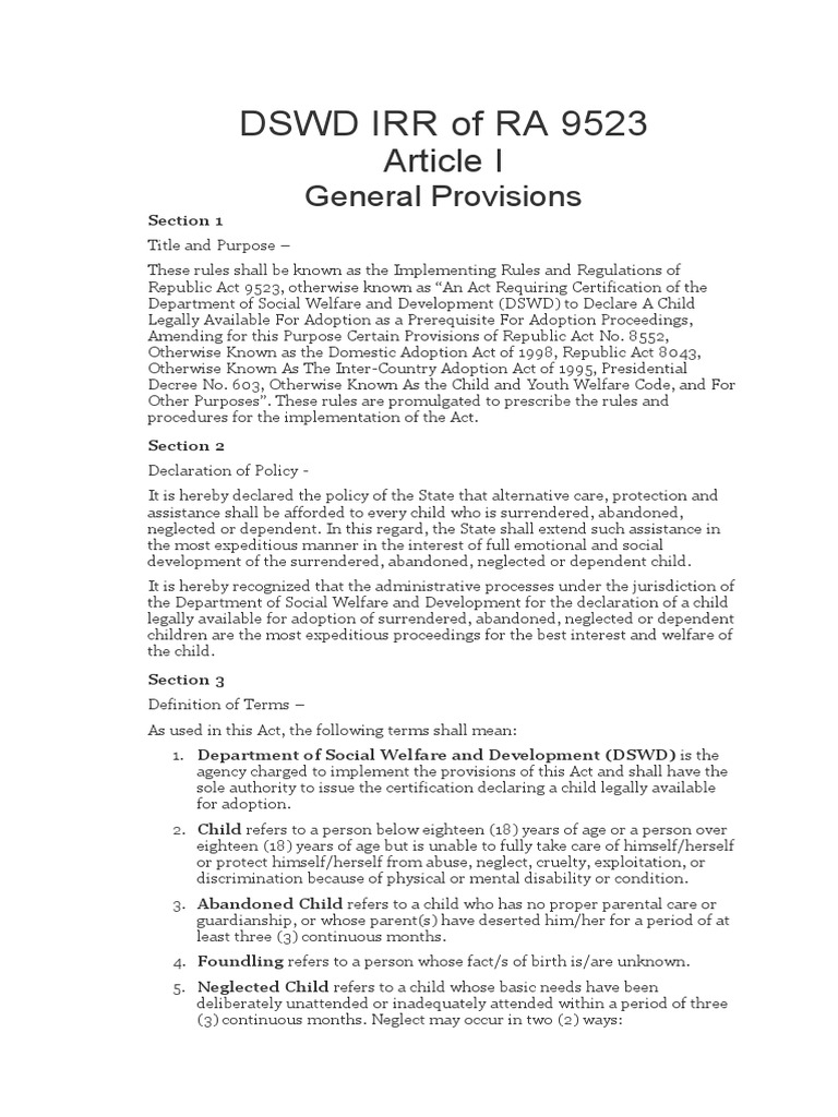 DSWD IRR of RA 9523 | PDF | Adoption | Legal Guardian