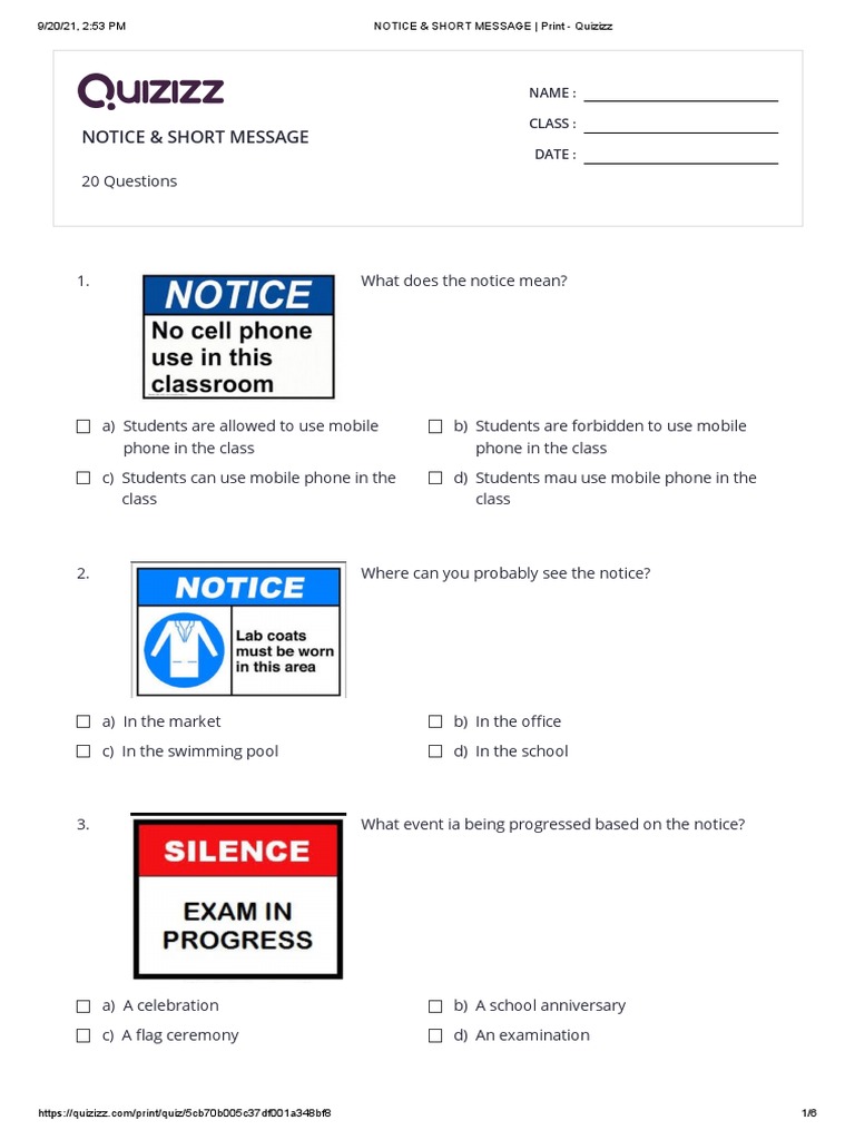 Short Message and Notice Quiz | PDF