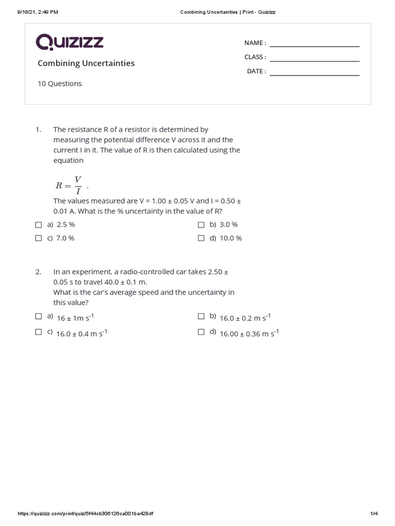 Combining Uncertainties - Print - Quizizz | PDF | Density | Significant ...