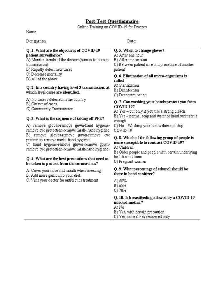 Post Test Questionnaire, COVID 19 | PDF | Hygiene | Disinfectant