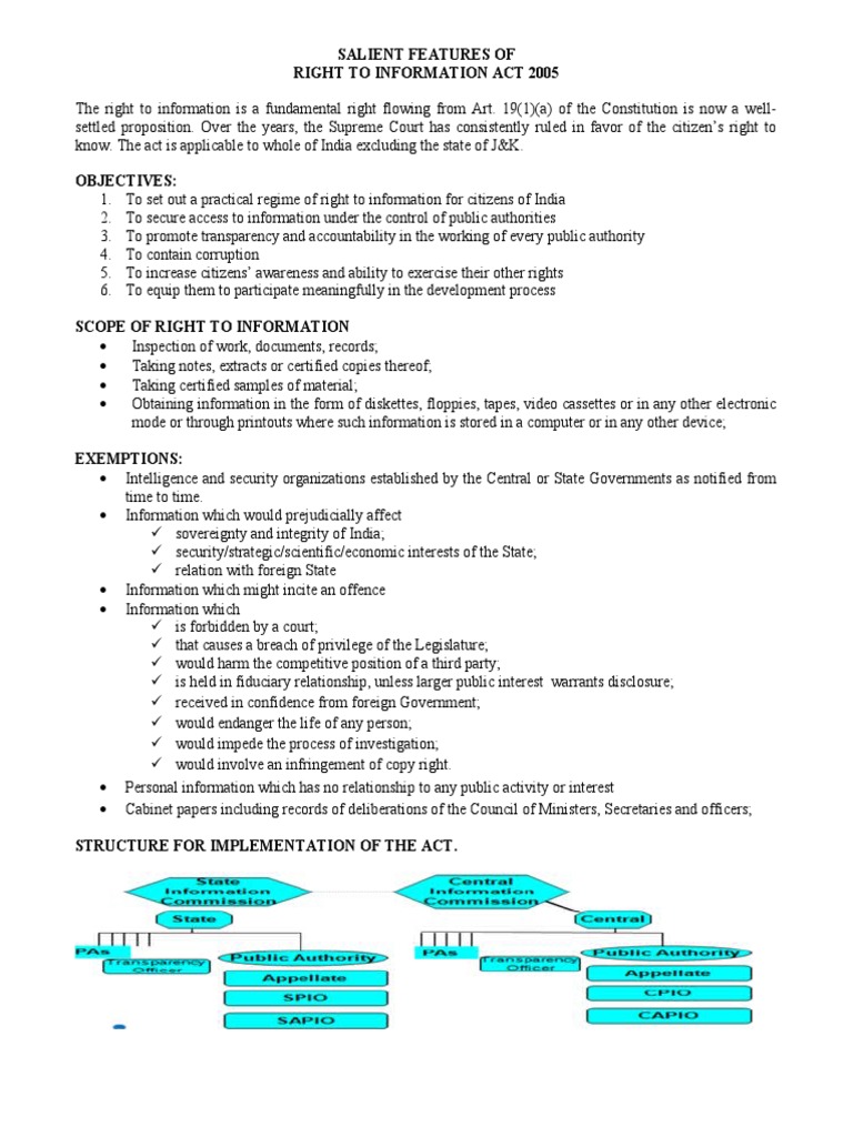 Salient Features of RTI Act 2005 | PDF | Law