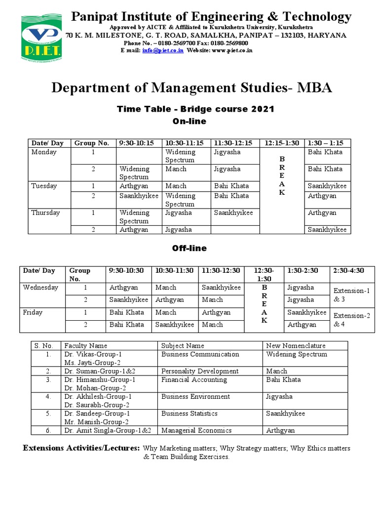 Bridge Course Timetable 2021 | PDF | Business | Economies