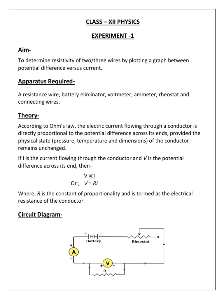 Class Xii Physics Experiment 1 Aim Pdf Electrical Resistance