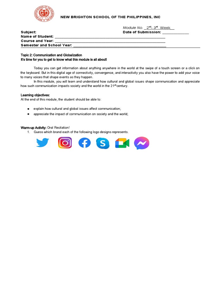 Topic 2 Module 2 Communication and Globalization | PDF | Globalization | Communication