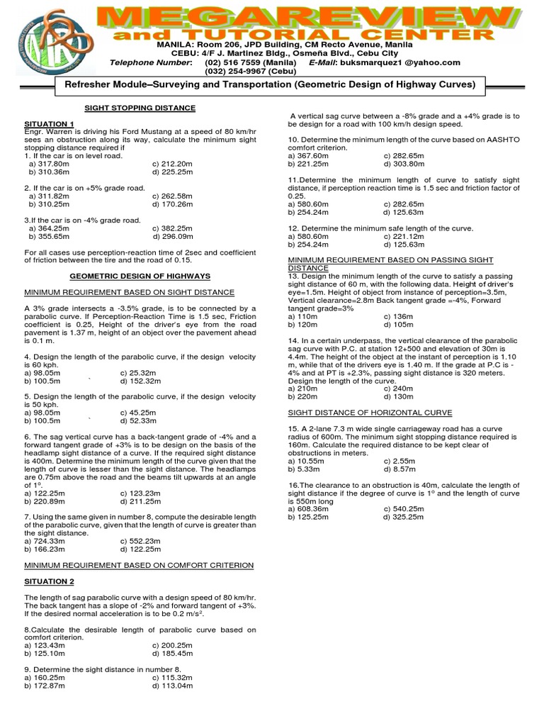 Refresher Module - Surveying and Transportation (Geometric Design of Highway Curves) | PDF ...