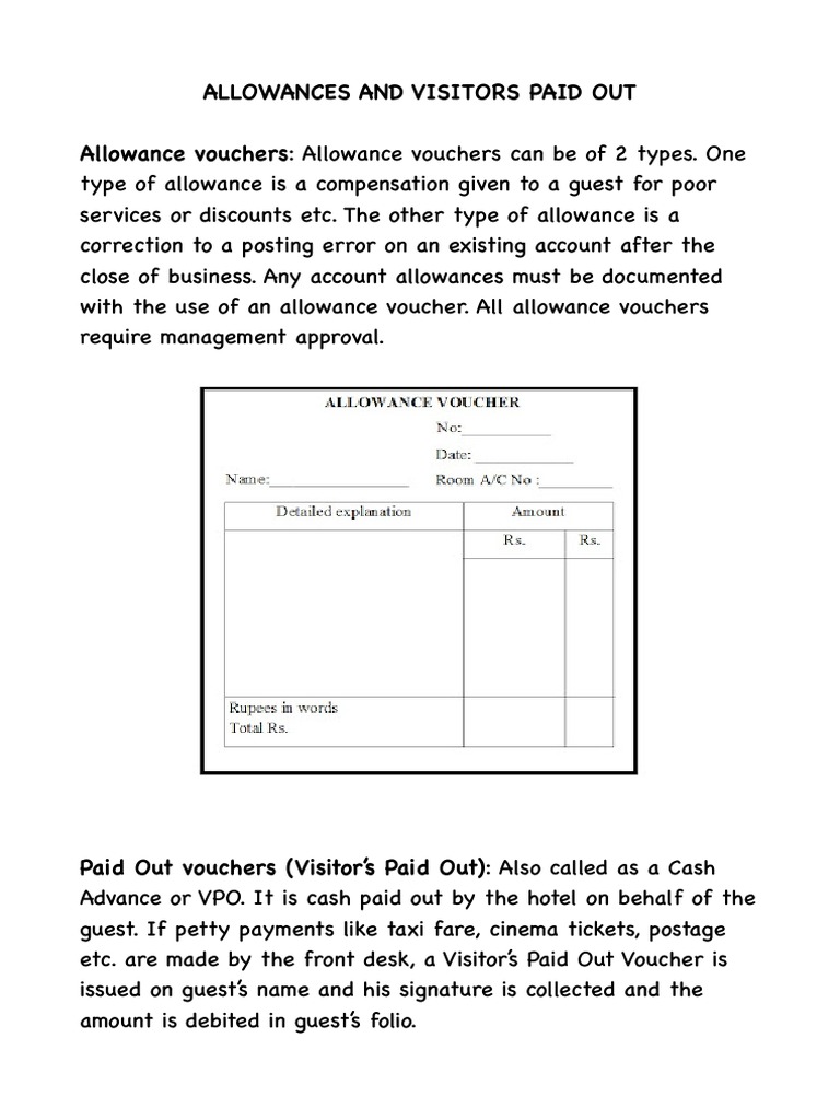 Allowances & Visitors Paid Out Vouchers | PDF | Hotel | Discounts And ...