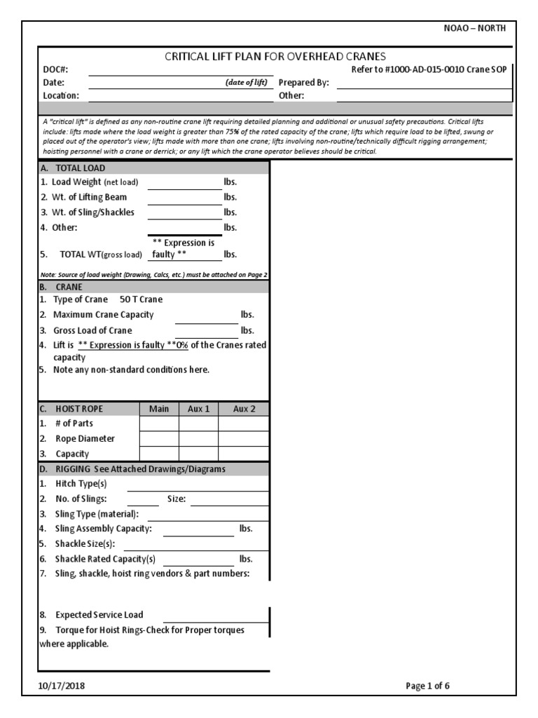 Critical Lift Plan For Overhead Cranes: (Net Load) | PDF | Crane ...
