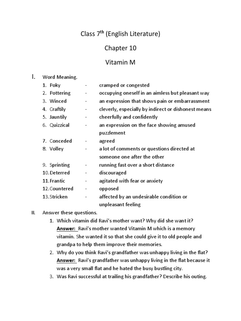 Class 7 (English Literature) Vitamin M I.: Answer: Ravi's Mother Wanted ...