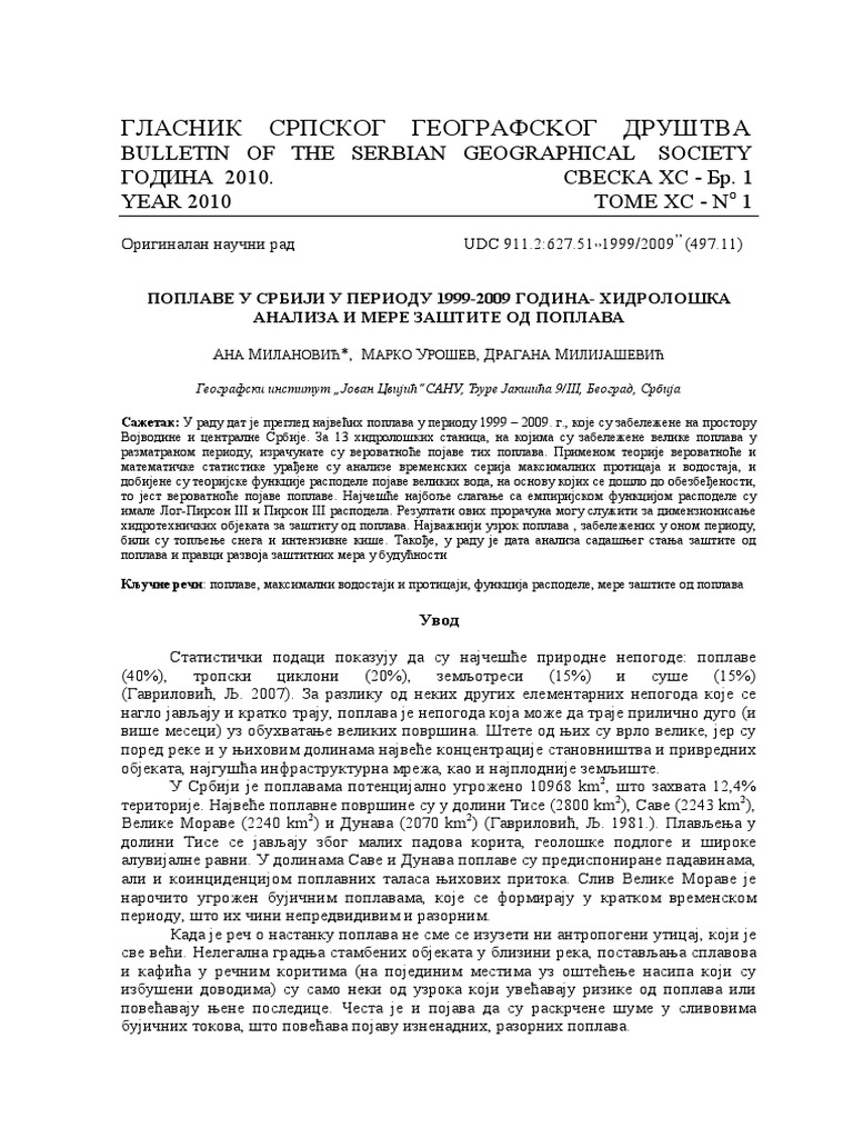Milanovic Ana, Poplave U Srbiji U Periodu Od 1999-2009 | PDF