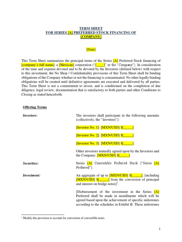 Term Sheet For Series (A) Preferred Stock Financing of (Company) | PDF ...