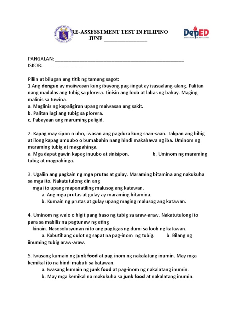 Pre-Test - Filipino 2 | PDF
