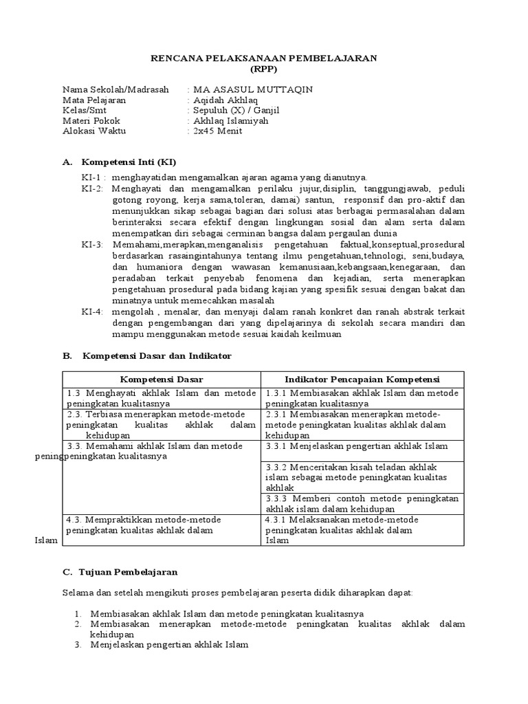 RPP Akidah Akhlak X KD 3 | PDF