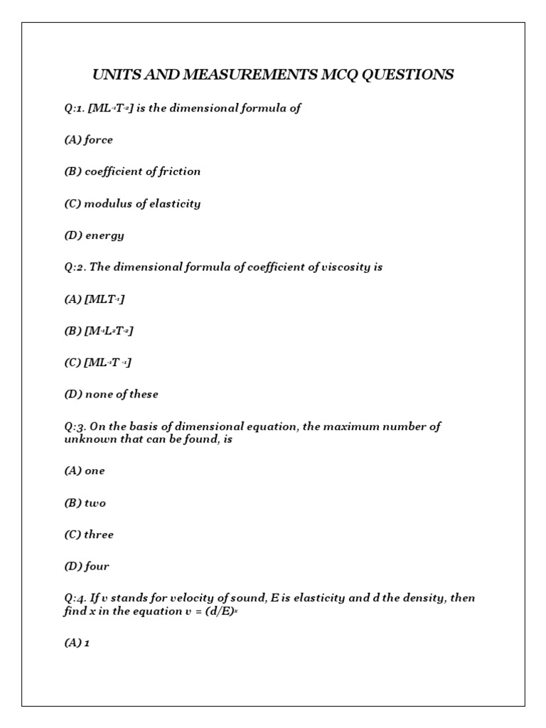 MC Q - UNIT & MEASUREMENT - Uploaded MCQ Units and Dimensions | PDF ...