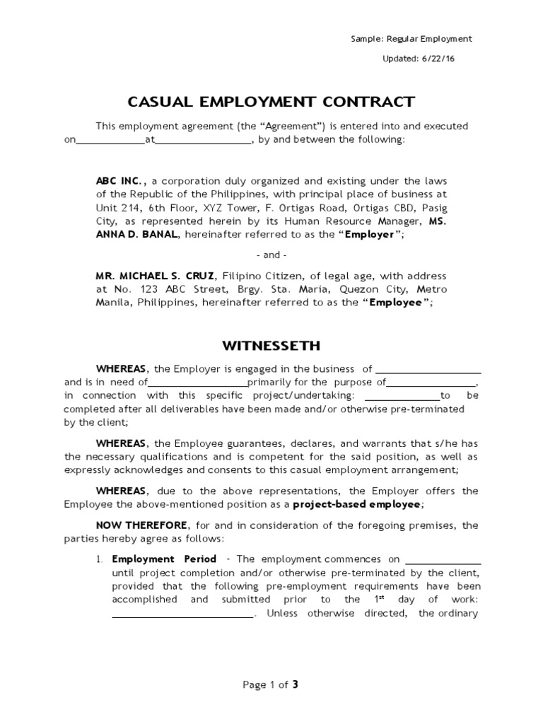 Sample Project Based Employment Contract Legalaspectsph | PDF ...