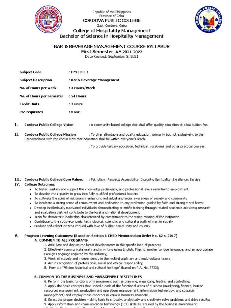 Online Bar Bev Syllabus Maridel Sugarol | PDF | Drink | Alcoholic Drinks