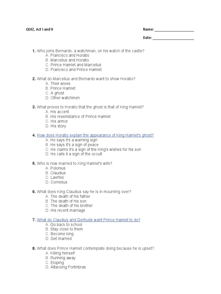 Hamlet, Act I and II Quiz | Download Free PDF | Hamlet | Works Based On ...
