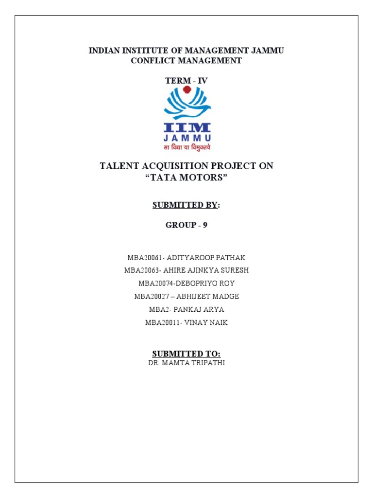 Talent Acquisition Project On "Tata Motors": Indian Institute of ...