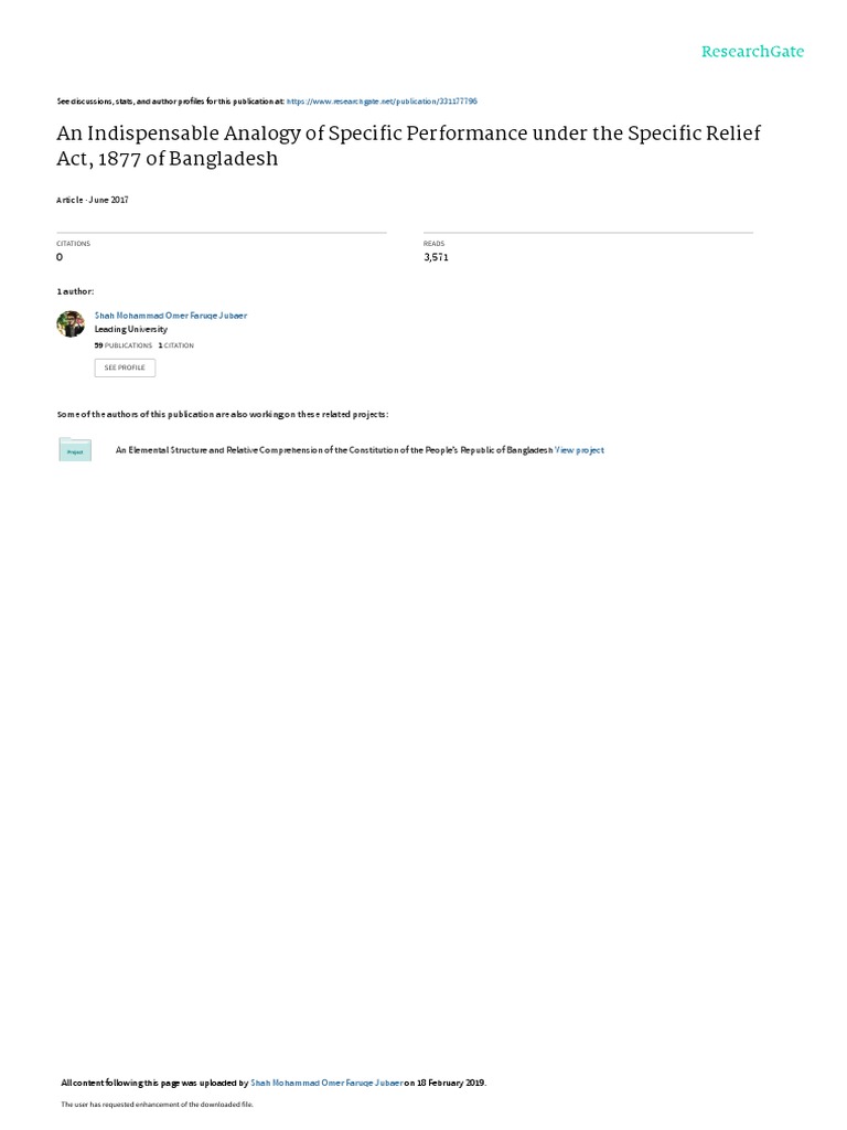 An Indispensable Analogy of Specific Performance Under The Specific ...