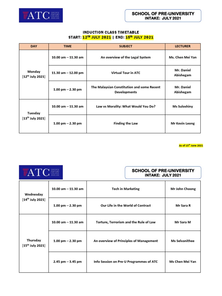 (Pre-U) July 2021 Induction Timetable (As of 15.6.21) | PDF