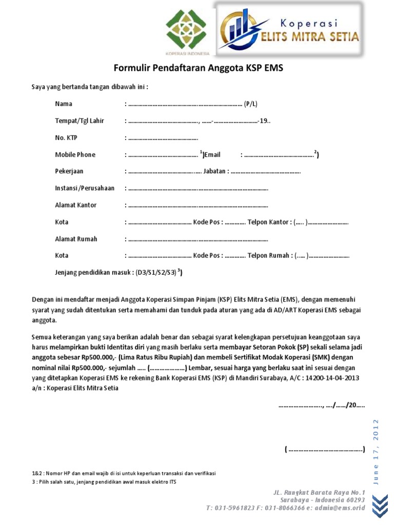 Formulir Pendaftaran KOPERASI | PDF