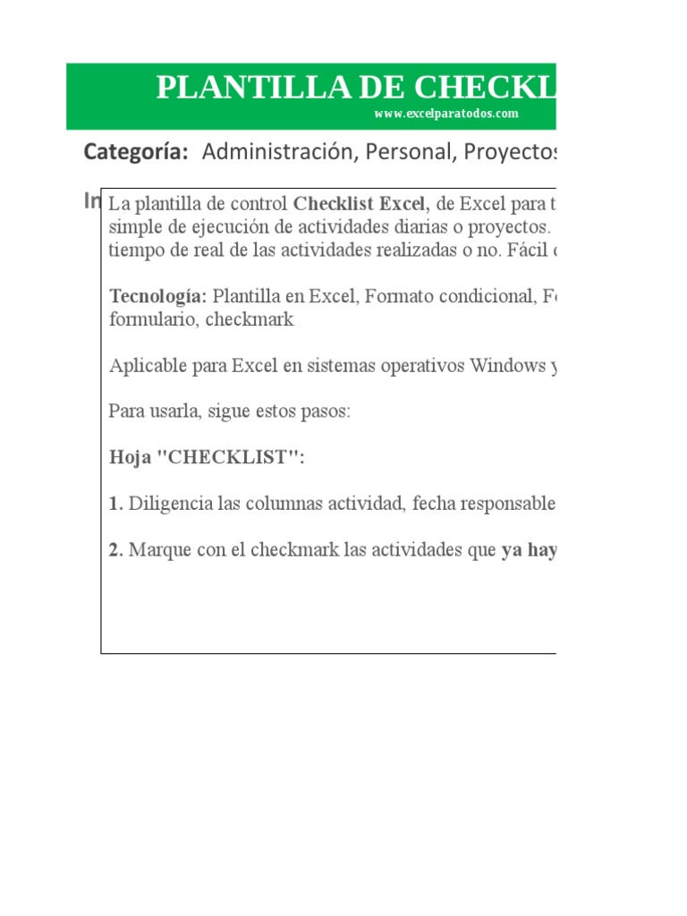 Plantilla de Checklist en Excel Gratis | PDF