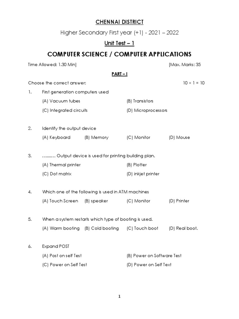 Computer Science Unit Test - 1: An assessment covering computer ...