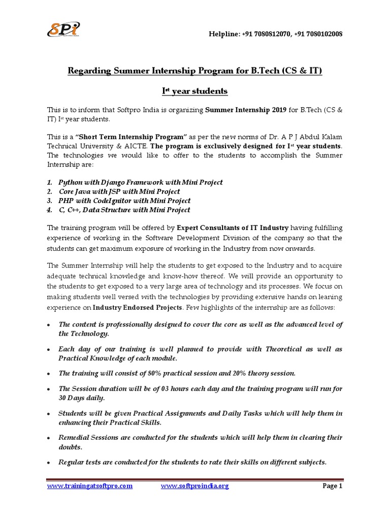 Regarding Summer Internship Program For B.Tech (CS & IT) I Year ...