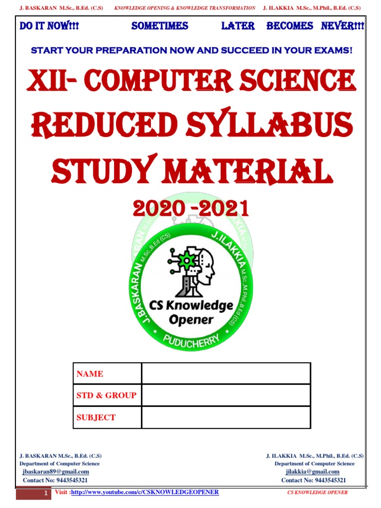 Xii - CS Reudced Study Materials 2020-2021 | PDF | Scope (Computer Science) | Parameter ...