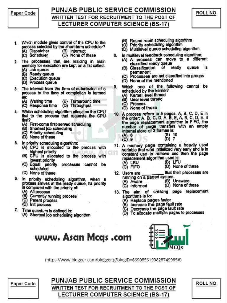 PPSC Lecturer Computer Science (BS-17) Past Paper - Original Paper - Asan Mcqs | PDF