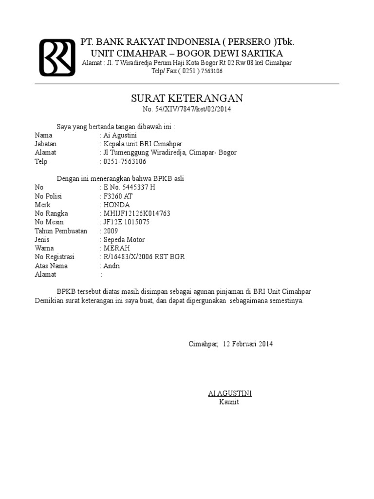 Surat Ket BPKB Dijaminkan | PDF | Pengelolaan Keuangan & Uang