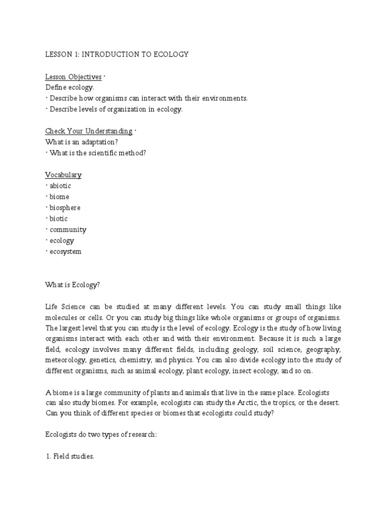 Ecology - Lesson 1 | PDF | Ecology | Biology