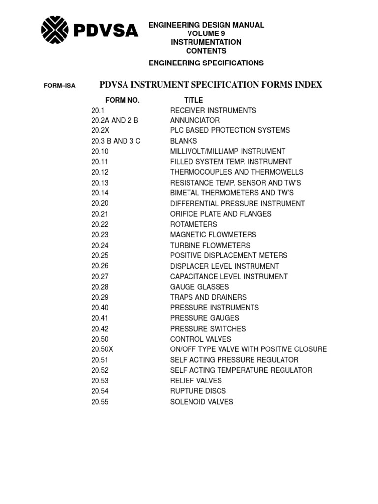 Pdvsa: Pdvsa Instrument Specification Forms Index | PDF