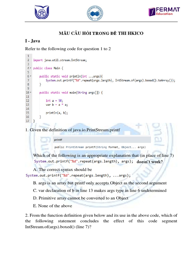 Mẫu Câu Hỏi Trong Đề Thi Hkico I - Java | PDF | Computer Science | Software Development