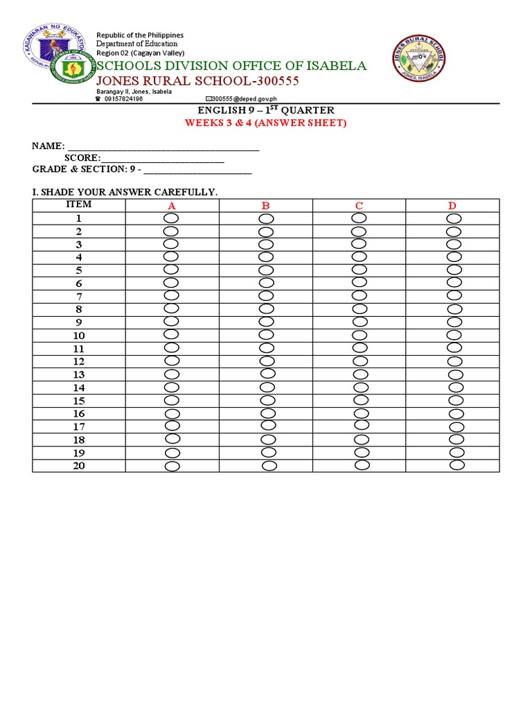 Answer Sheet Weeks 3 4 Summative Tests | PDF