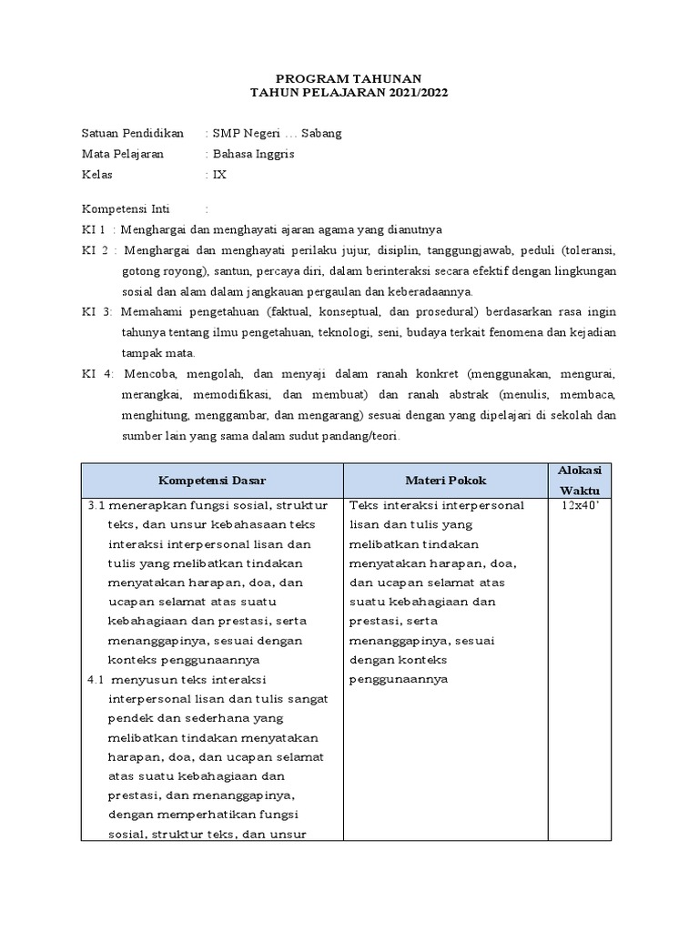 Program Tahunan Bahasa Inggris Kelas 9 | PDF
