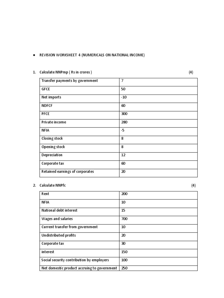 Revision Worksheet 4 | PDF | Gross Domestic Product | Income